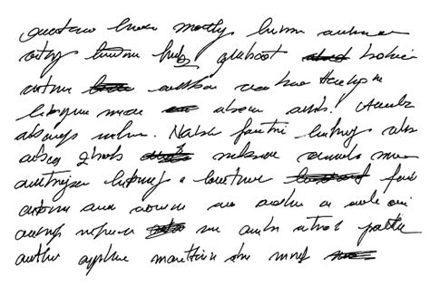 글자를 위한 잉크로 손으로 쓴 추상적인 텍스트 줄이 그어진 단어가 있는 읽을 수 없는 텍스트입니다 실수가 있는 읽을 수 없는