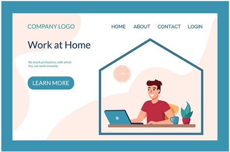 숙련된 원격 전문 을 다루는 사이트에 대한 웹 페이지 템플릿입니다 집에서 노트북에서 일하는 남자 벡터 일러스트는 집에서 작업 플랫 스타일 가정의 방에 대한 스톡 벡터 아트
