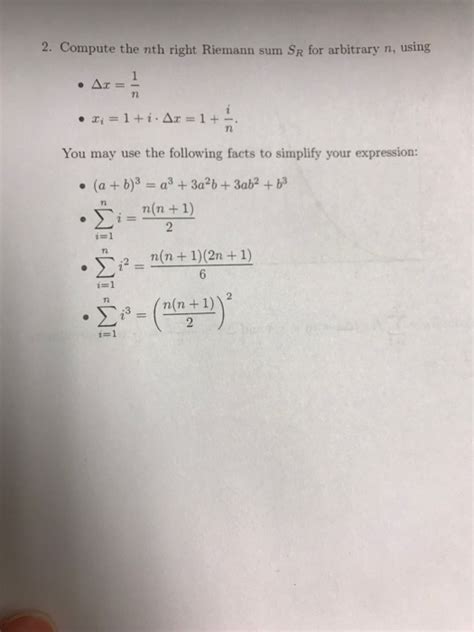 solved 2 compute the nth right riemann sum sr for arbitrary