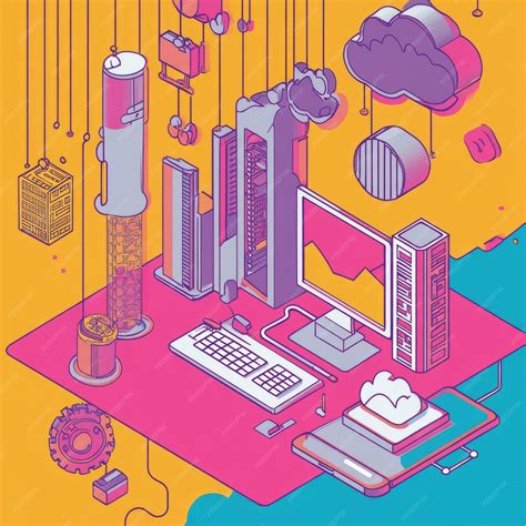 Isometric Illustration Of A Computer Setup With A Server Cloud Computing And A Keyboard On A Isometric Illustration Of A Computer Setup With A Server Cloud Computing And A Keyboard On A