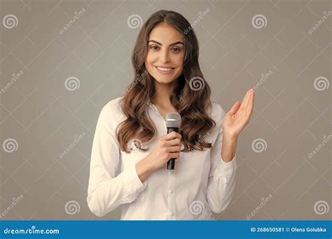 Woman Speech Business Woman Holding A Microphone Happy Smiling Business Woman Holding Mic