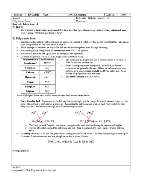 3 07 Polyatomic Ions Pdf Ion Chemical Compounds