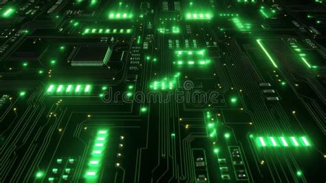 Vibrant Green Circuit Board Neon Accents And Intricate Microchip Design Stock Illustration