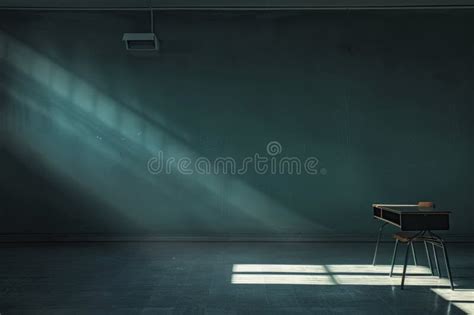Dark Room With An Empty Desk And Chair Under A Light Highlighting