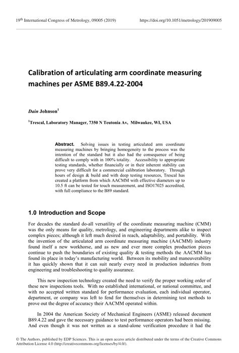 Pdf Calibration Of Articulating Arm Coordinate Measuring Machines Per Asme B89 4 22 2004