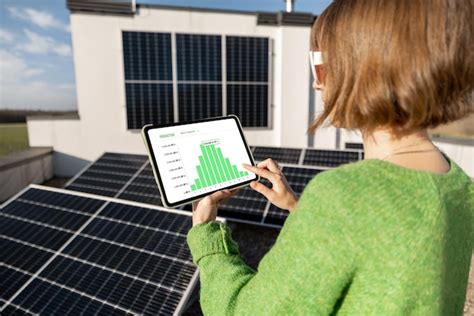 Premium Photo Woman Monitors Energy Production From The Solar Power Plant With A Digital Tablet