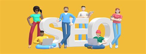 노란색 배경에 단어 Seo입니다 노트북 태블릿 전화와 젊은 다문화 성공적인 사람들의 그룹 수평 배너 만화 캐릭터와 웹 사이트
