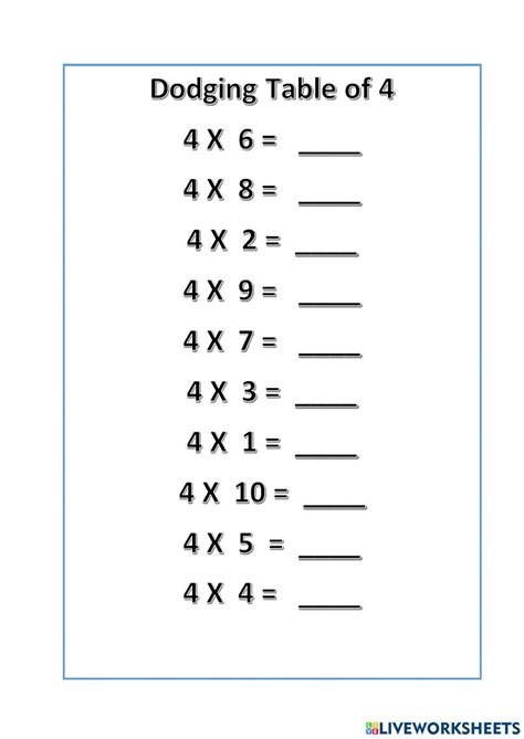 Dodging Table Of 4 Online Exercise For Live Worksheets