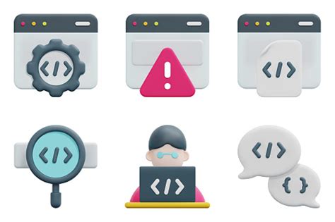 코딩 3d 벡터 아이콘 세트입니다 코드 최적화 개발자 오류 메시지 검색 웹 코딩 흰색 배경에 격리되어 있습니다 3d 아이콘 벡터 렌더링 그림입니다 3차원 형태에 대한 스톡