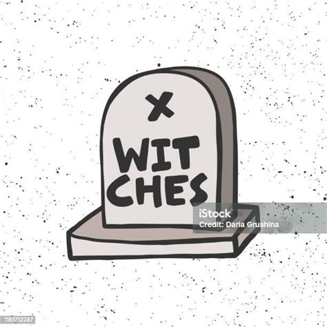 단어 마녀와 무덤 돌 소셜 미디어 콘텐츠에 대 한 할로윈 스티커입니다 벡터 손으로 그린 일러스트 디자인입니다 10월에 대한 스톡 벡터 아트 및 기타 이미지 Istock