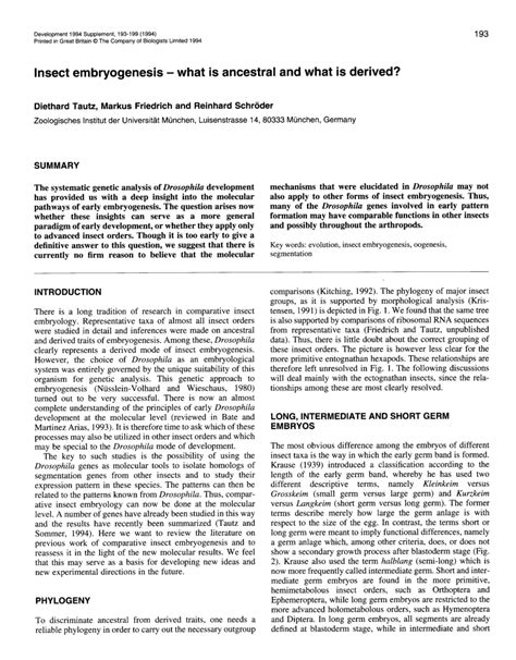 Pdf Insect Embryogenesis What Is Ancestral And What Is Derived