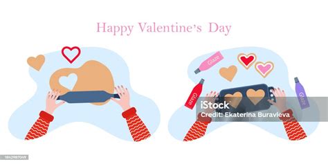 발렌타인 데이를 위한 쿠키와 과자를 만들기 위한 제빵 기구와 재료 하트 모양의 쿠키 위에서 본 모습 벡터 일러스트 레이 션 2월에 대한 스톡 벡터 아트 및 기타 이미지