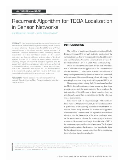 Pdf Recurrent Algorithm For Tdoa Localization In Sensor Networks