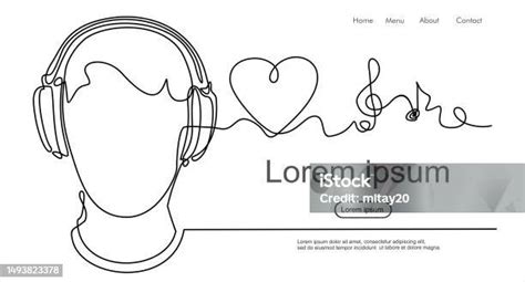 헤드폰에서 음악을 듣는 남자의 연속 선 그리기 Wuth 소리 음악 가제트 및 메모 로고 엠블럼 슬라이드 쇼 및 배너에 사용할 수 있습니다 사랑에 대한 스톡 벡터 아트 및