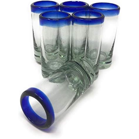 Hand Blown Mexican Tequila Shot Glasses Set Of 6 Cobalt Blue Rim 2 Oz Each Ebay