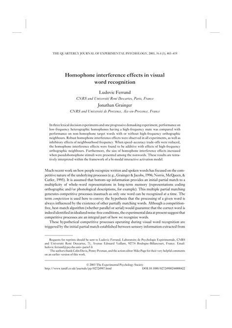 Pdf Homophone Interference Effects In Visual Word Recognition