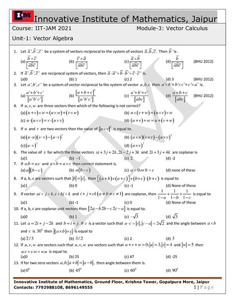 Vector Calculus Jam IIM Innovative Institute Of Mathematics Ground Floor Krishna Tower
