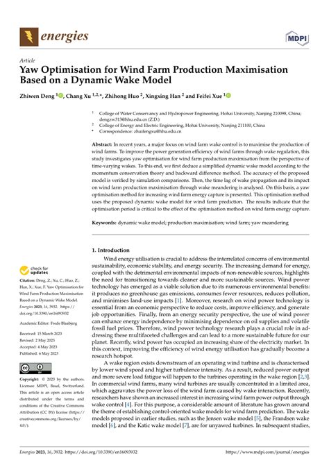 Pdf Yaw Optimisation For Wind Farm Production Maximisation Based On A