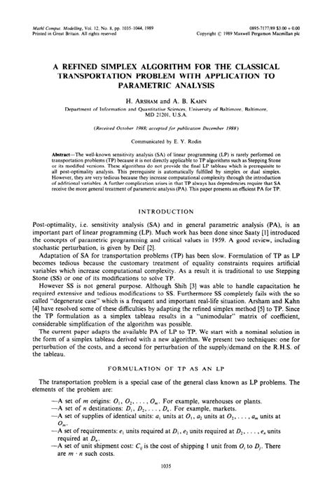 Pdf A Refined Simplex Algorithm For The Classical Transportation