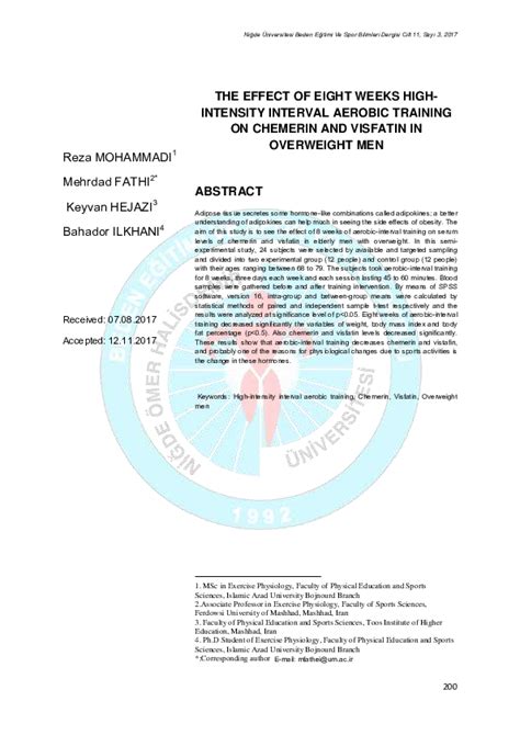 Pdf The Effect Of Eight Weeks High Intensity Interval Aerobic Training On Chemerin And
