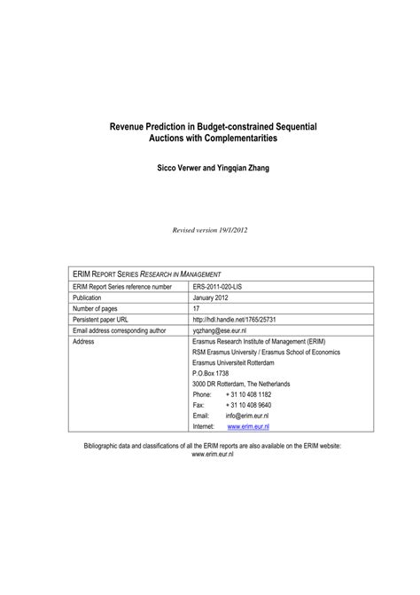 Pdf Revenue Prediction In Budget Constrained Sequential Auctions With Complementarities