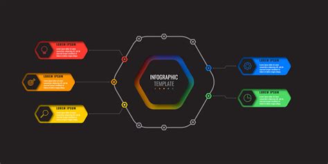검은 배경에 얇은 선 아이콘이있는 5 개의 사실적인 육각형 요소가있는 비즈니스 인포 그래픽 템플릿 종이에 기하학적 구멍이 있는 현대적인 다이어그램 프레젠테이션을 위한 벡터