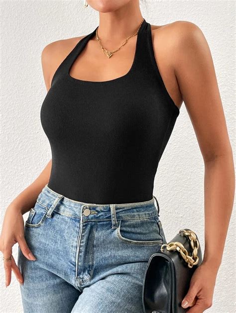 Solid Backless Halter Neck Ribbed Bodysuit Comfy Jumpsuit