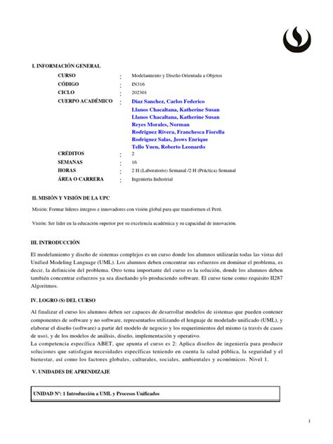 In316 Modelamiento Y Diseño Orientada A Objetos 202301 Pdf Lenguaje De Modelado Unificado