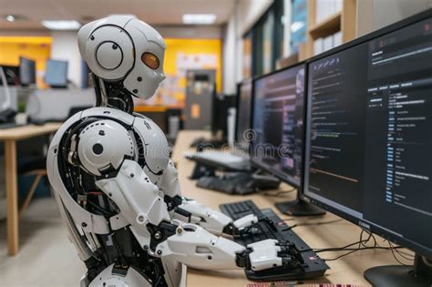 A Humanoid Robot Typing At A Computer In A Modern Tech Filled Workspace Stock Illustration