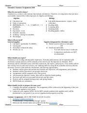 Chemistry Summer Assignment Algebra Biology And Supplies For Course Hero
