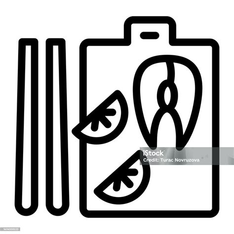 레몬 라인 아이콘 수산 시장 개념 흰색 배경에 스시 서빙 사인 연어 스테이크와 레몬 보드 아이콘 개요 스타일이 있는 도마에 생선 슬라이스 벡터 그래픽 Steakhouse에