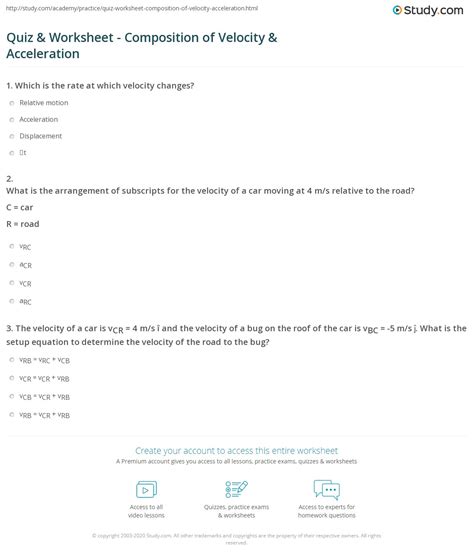 Quiz And Worksheet Composition Of Velocity And Acceleration