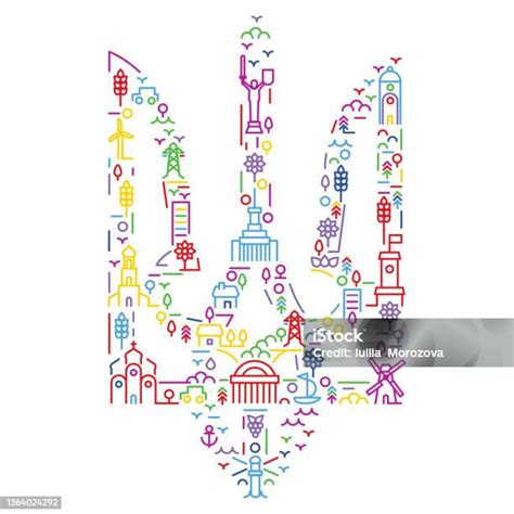 흰색 배경에 고립 된 다채로운 선형 요소에서 무기 우크라이나의 실루엣 코트 창조적 인 디자인 구성 벡터 그림입니다 0명에 대한