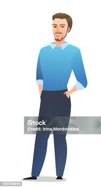 바지와 스웨터에 잘 생긴 남자 쾌활한 중년 남자 쾌활한 사람 스탠딩 포즈 만화 만화 스타일의 평면 디자인 단일 문자입니다 흰색 배경에 격리된 그림입니다 벡터 개념에 대한
