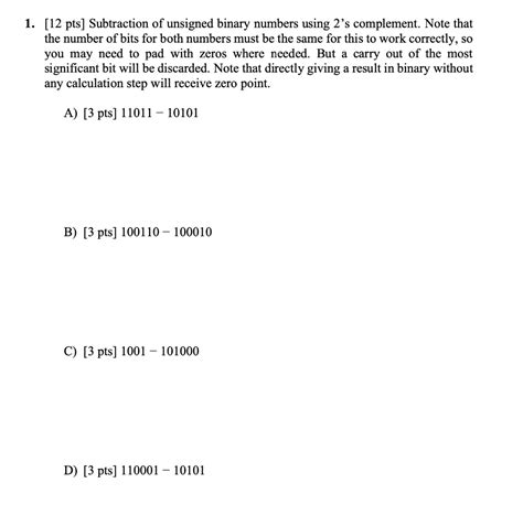 Solved 1 12 Pts Subtraction Of Unsigned Binary Numbers