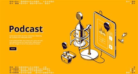 팟 캐스트 아이소 메트릭 방문 페이지 온라인 라디오 또는 음악 무선 헤드폰 및 스튜디오 마이크 이퀄라이저 및 제어 버튼을 화면에들을 수있는 앱이있는 태블릿 Pc 3d
