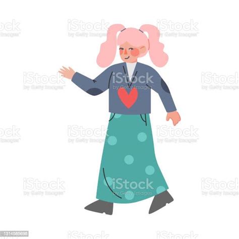 귀여운 금발의 소녀 걷기 입고 캐주얼 옷 만화 벡터 일러스트 교육에 대한 스톡 벡터 아트 및 기타 이미지 교육 귀여운