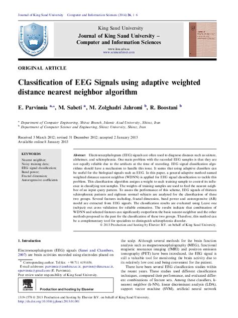 Pdf Classification Of Eeg Signals Using Adaptive Weighted Distance