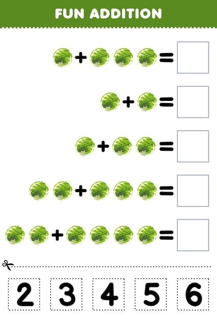 만화 양배추 야채 인쇄용 워크시트의 올바른 숫자를 잘라내어 일치시켜 어린이를 위한 교육 게임 재미 추가 프리미엄 벡터