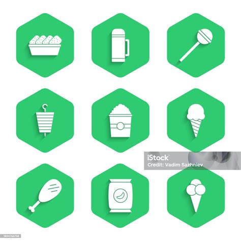 상자에 팝콘 세트 가방 패킷 감자 칩 아이스크림 와플 콘 닭 다리 구운 시시 케밥 롤리팝 및 너겟 아이콘 벡터 감자 요리에 대한 스톡 벡터 아트 및 기타 이미지 Istock