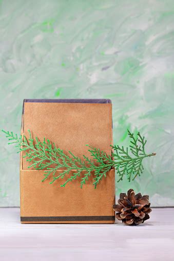 필기용 갈색 공예 종이상자와 테이블에 투자 가지 소나무 콘이 있습니다 뒤로 녹색 배경 복사 공간 0명에 대한 스톡 사진 및 기타 이미지 Istock