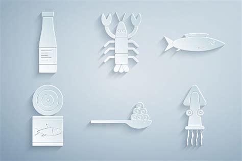 숟가락 생선 생선 통조림 문어 랍스터 소스 병 아이콘에 캐비어를 설정합니다 벡터 3차원 형태에 대한 스톡 벡터 아트 및 기타 이미지 3차원 형태 갈고리 발톱 갑각류