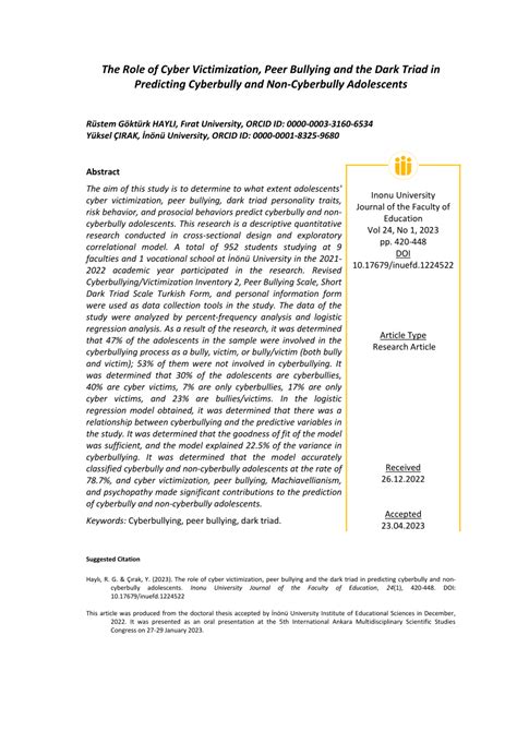 Pdf The Role Of Cyber Victimization Peer Bullying And The Dark Triad