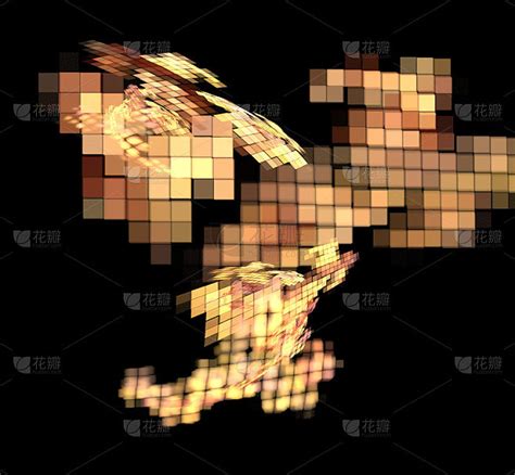 抽象彩色橙色和金色像素分形在黑色背景上。幻想的分形结构。数字艺术。3 D渲染。电脑genenerat