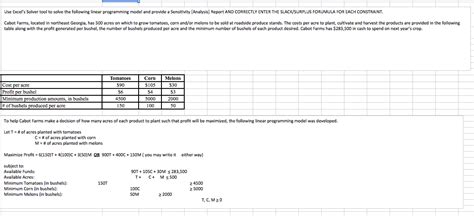 Use Excels Solver Tool To Solve The Following Linear