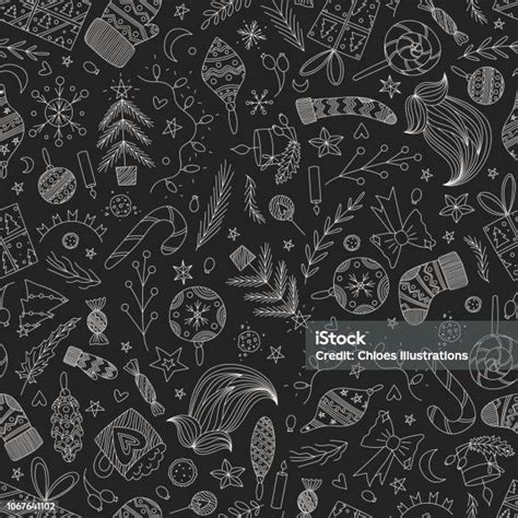 검은 벡터 크리스마스 낙서 원활한 패턴 장식 산타 양말 딱지 수염 소나무 사탕 지팡이 사탕 활 사탕 별 조명 선물 한다 다크 빈티지 크리스마스 포장지 크리스마스에 대한 스톡