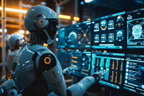Ai Robots With Screens Displaying Real Time Data Analysis And Learning Big Data In The World