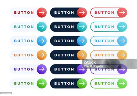 흰색 배경에 설정 다채로운 벡터 버튼입니다 텍스트와 화살표가있는 세 가지 스타일 플랫 라인 그라데이션 슬라이드 버튼 컬렉션입니다 벡터 웹 요소입니다 둥근 사각형 모양입니다
