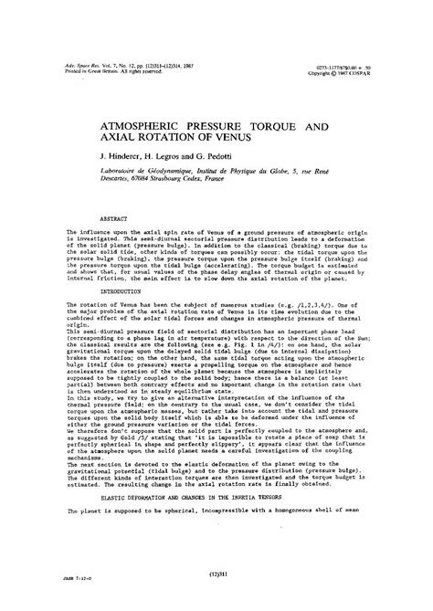 Pdf Atmospheric Pressure Torque And Axial Rotation Of Venus Dokumentips
