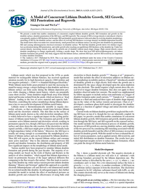 A Model Of Concurrent Lithium Dendrite Growth Sei Growth Sei Penetration And Regrowth Pdf